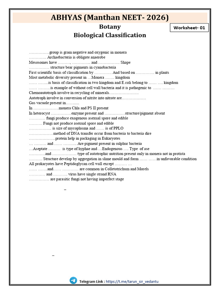 Worksheet 01 Biological Classification Botany Manthan Neet 2026 | PDF ...