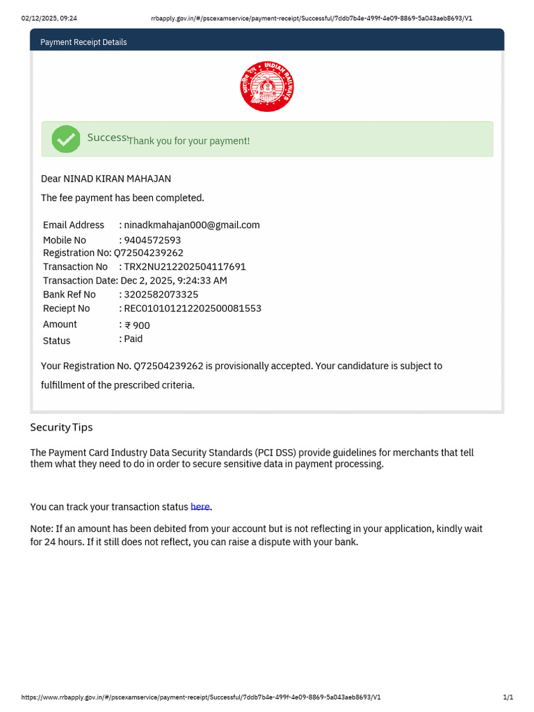 Payment Receipt Confirmation for NINAD | PDF