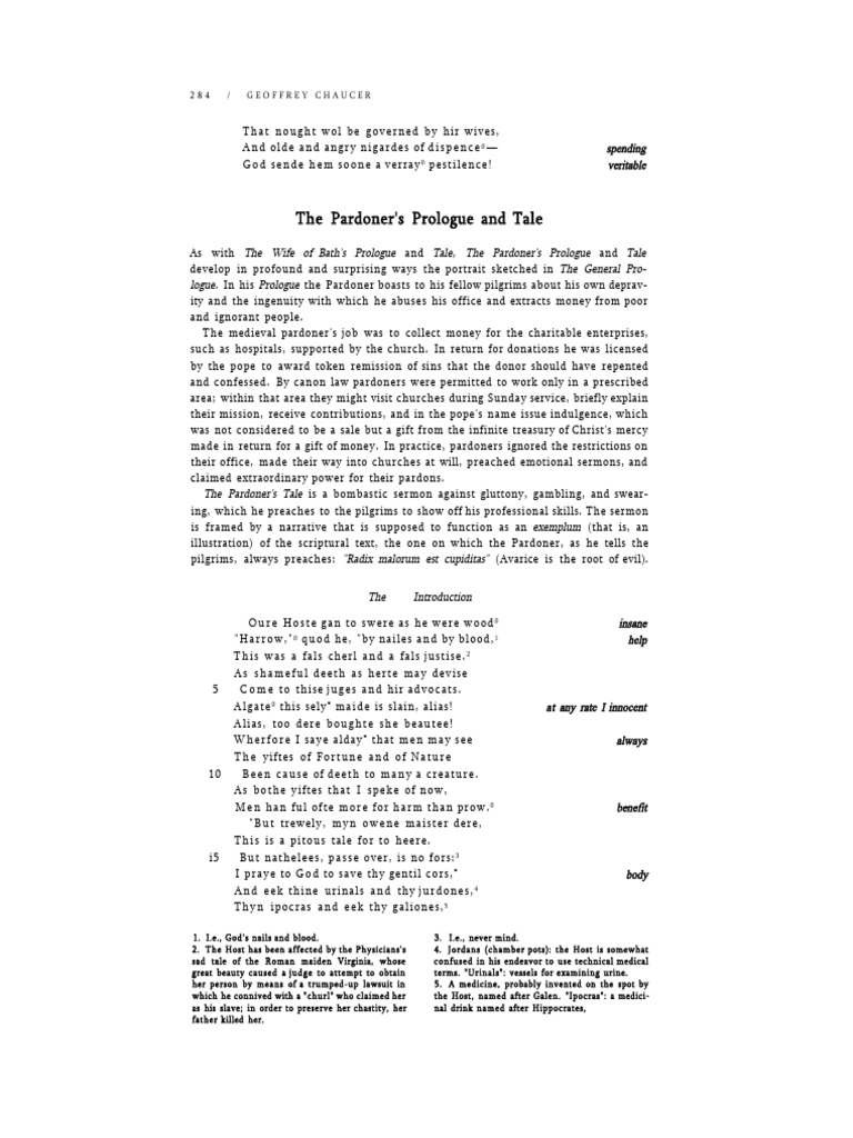 The Pardoner's Prologue and Tale Analysis | PDF
