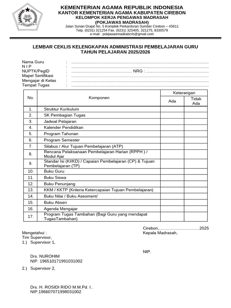 Ceklis Administrasi Pembelajaran Guru 2025 | PDF