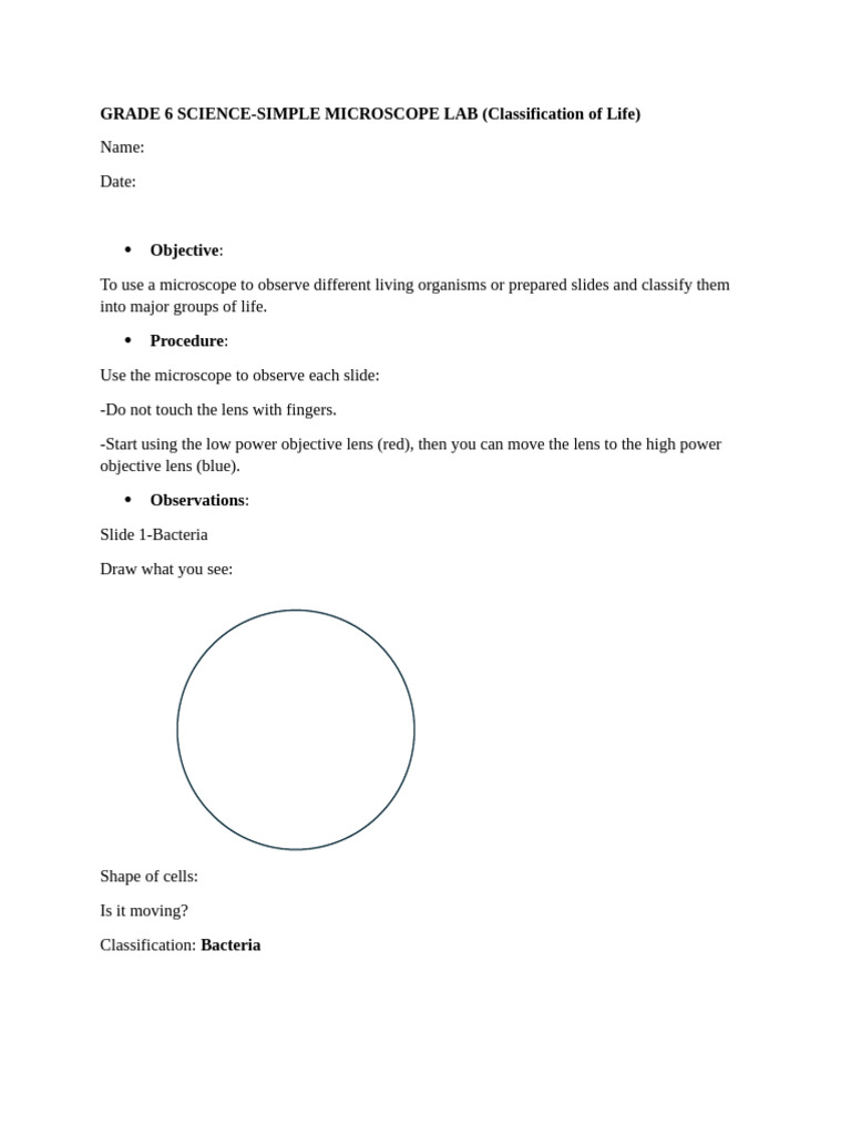 GRADE 6 Classification of Life (Simple Microscope Lab) | PDF