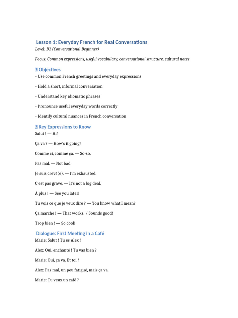 French Lesson 1 Everyday Conversations (1) | PDF | Linguistics