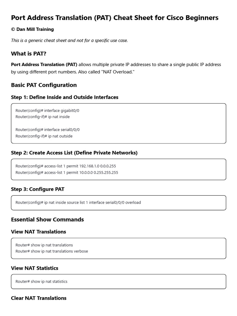 Port Address Translation (PAT) Cheat Sheet | PDF