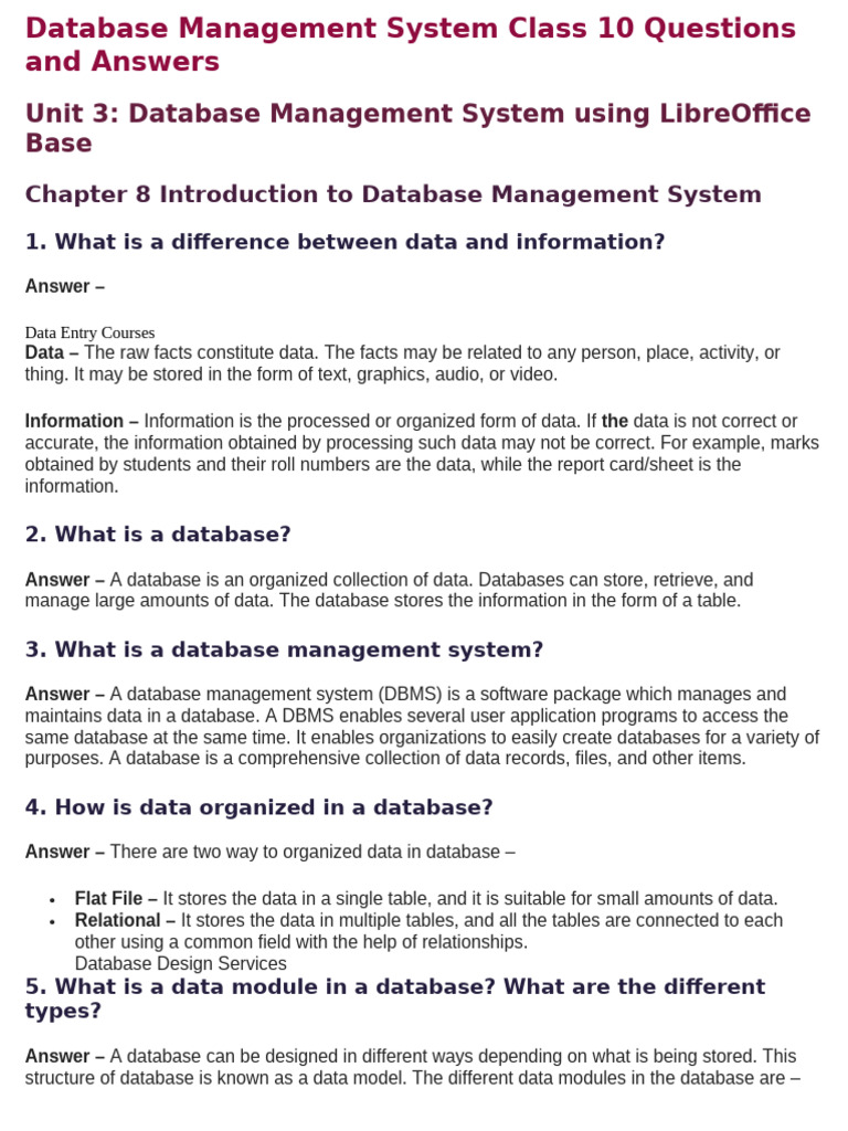 Class 10 DBMS Questions & Answers | PDF | Relational Database | Databases