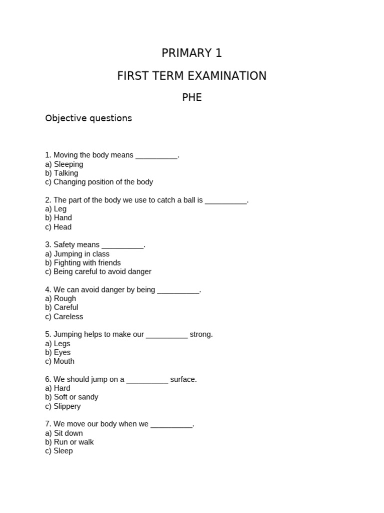 Primary 1 PHE Exam: Objective Questions | PDF