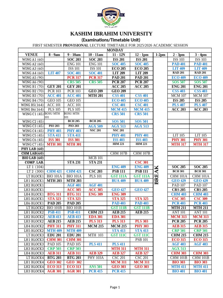 Kiu, First Semester Provisional Lecture Timetable for 2025-2026 Session ...