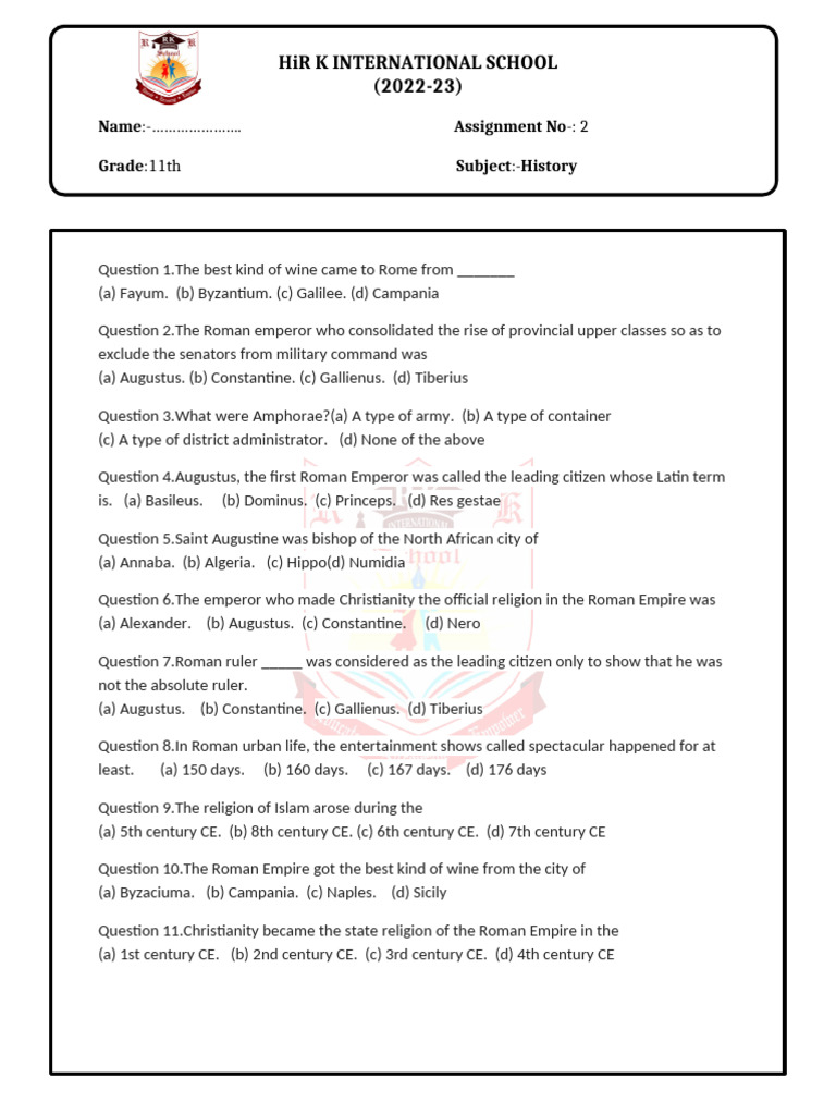 Grade 11 History Assignment Questions | PDF | Roman Empire | Classical ...