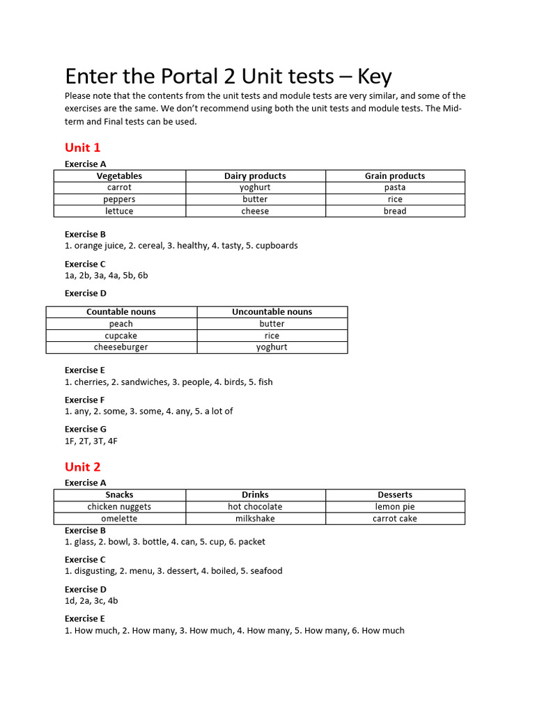 EtP2 Unit Tests Key - Másolat | PDF | Foods | Cuisine