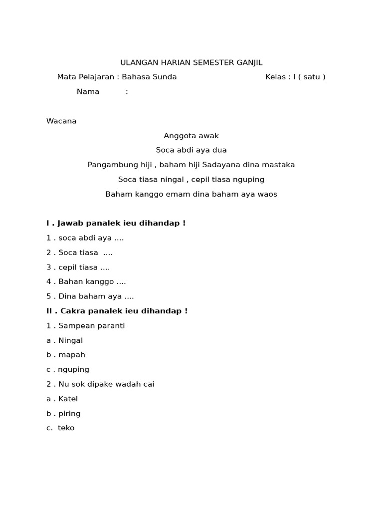 Ulangan Harian Bahasa Sunda Kelas I | PDF