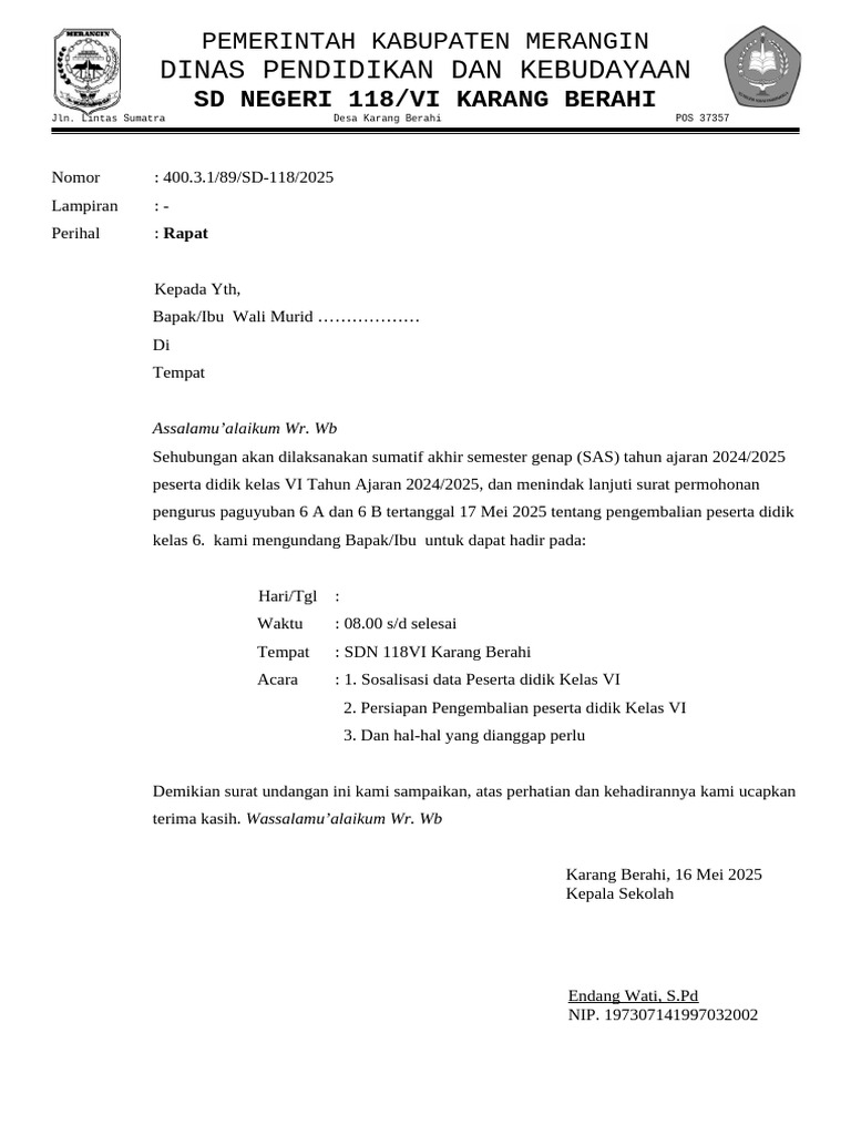 4. Undangan Rapat Pengembalian Peserta Didik | PDF