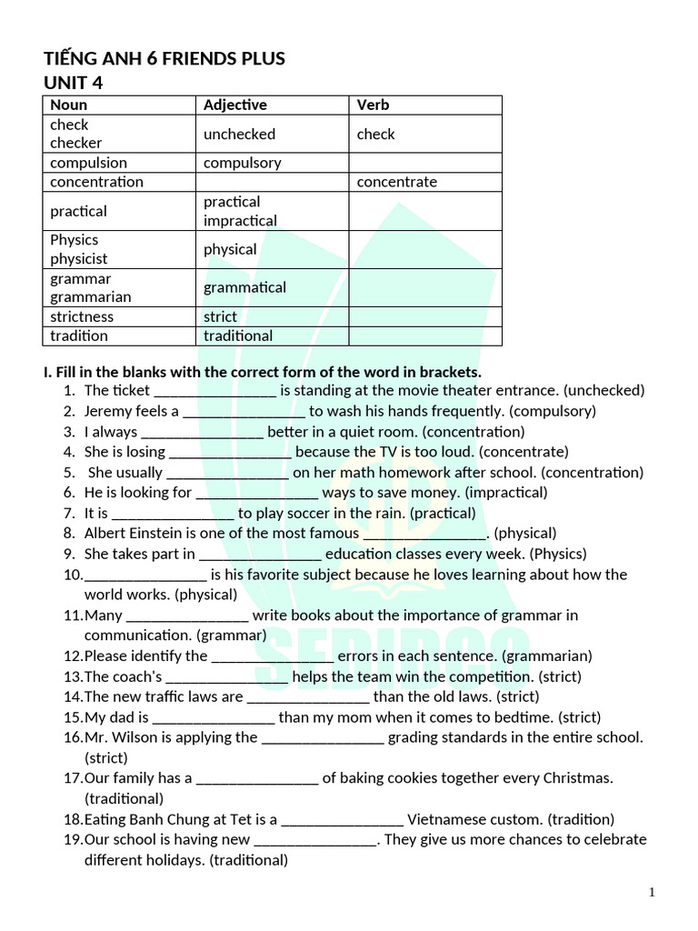Tiếng Anh 6 Friends Plus_Word Form_Unit_4 | PDF | Linguistics | Grammar