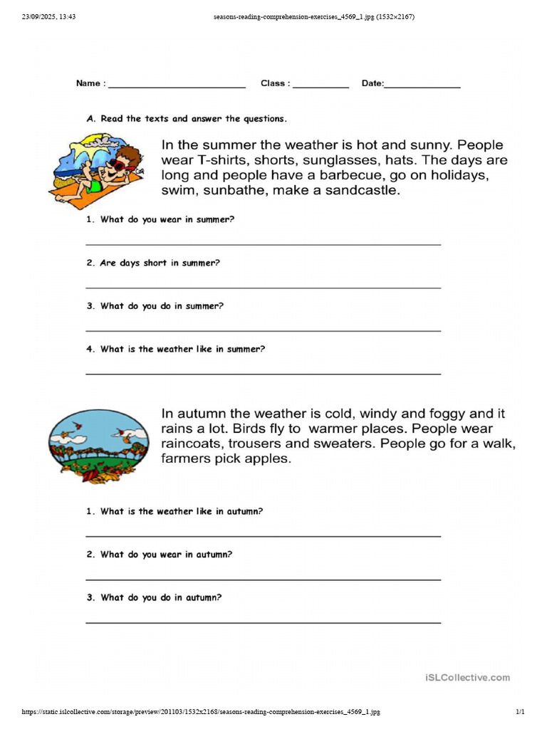 Seasons Reading Comprehension Exercises | PDF