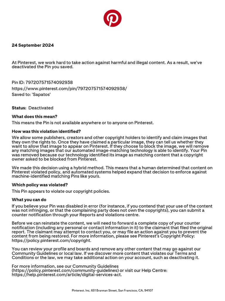 Pinterest Pin Deactivation Notice | PDF | Copyright | Online Copyright ...