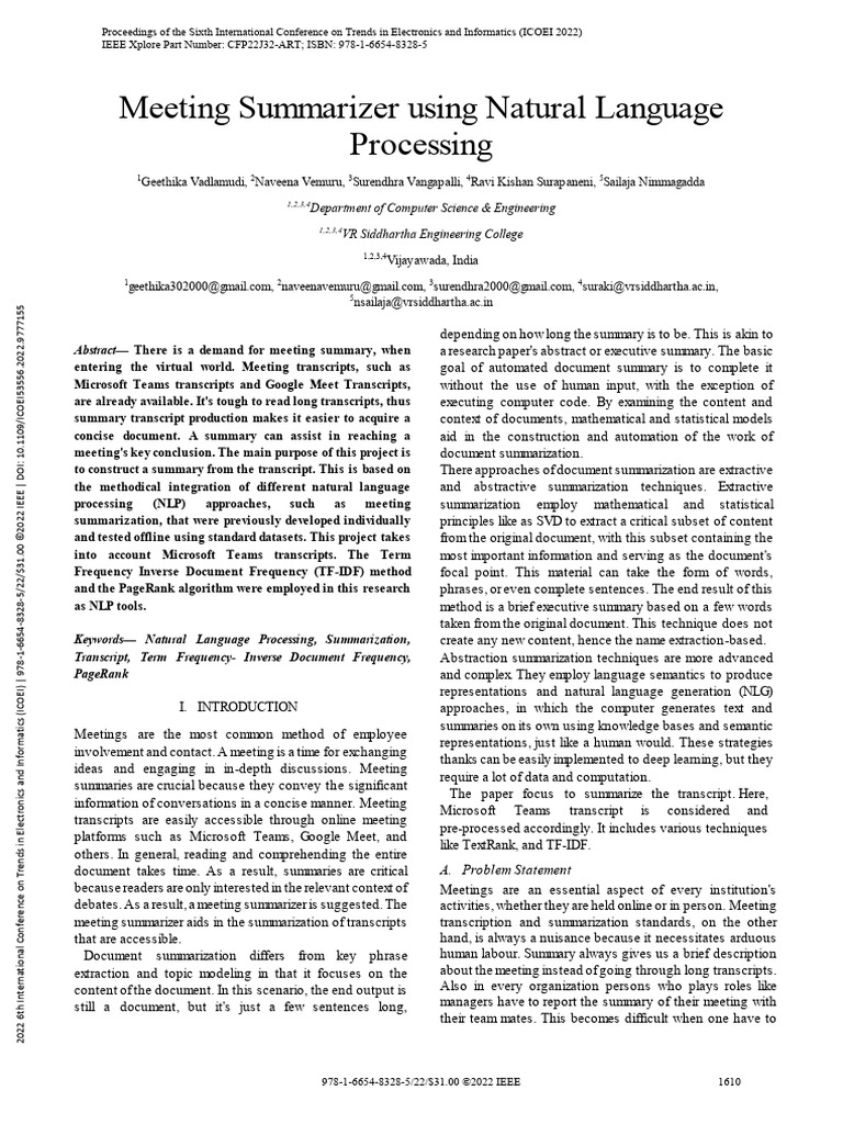 Meeting Summarizer Using Natural Language Processing | PDF | Computing