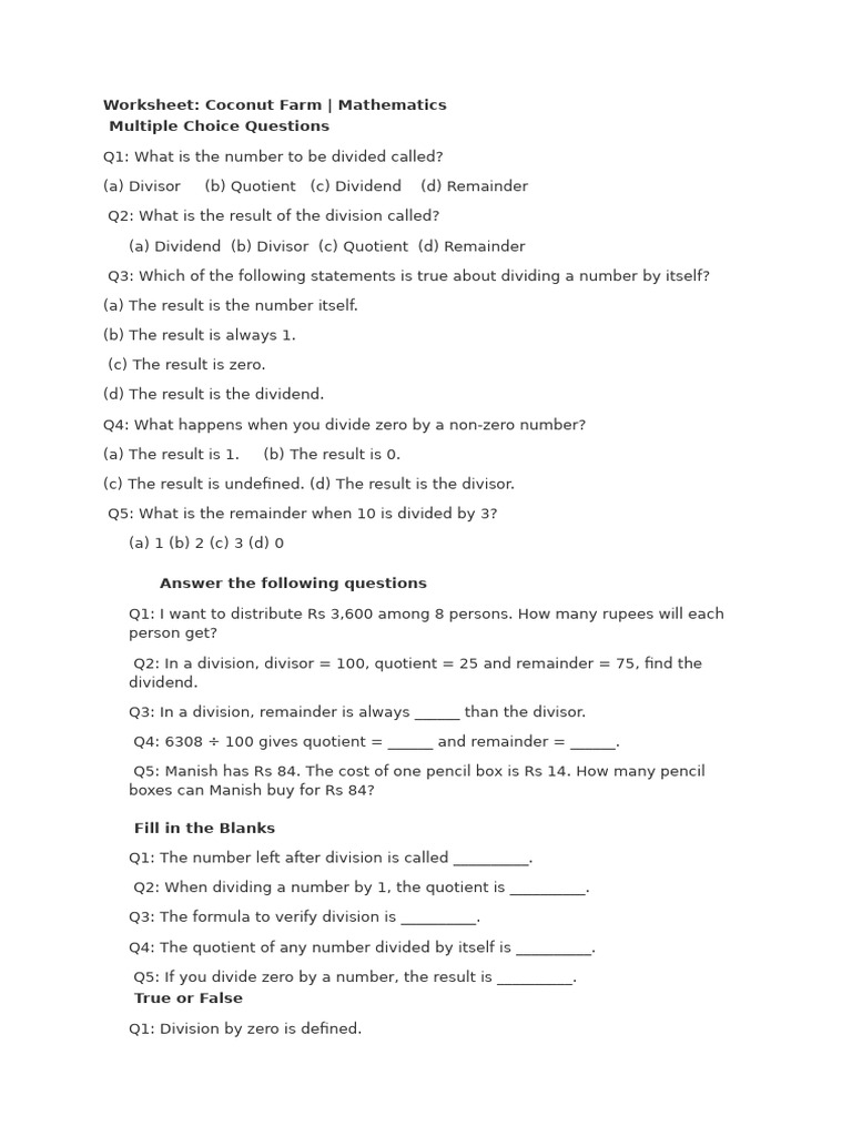 Coconut Farm Division Worksheet | PDF | Division (Mathematics ...