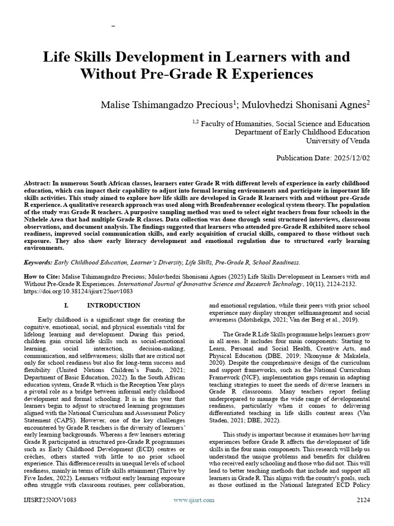 Life Skills Development in Learners with and Without Pre-Grade R ...