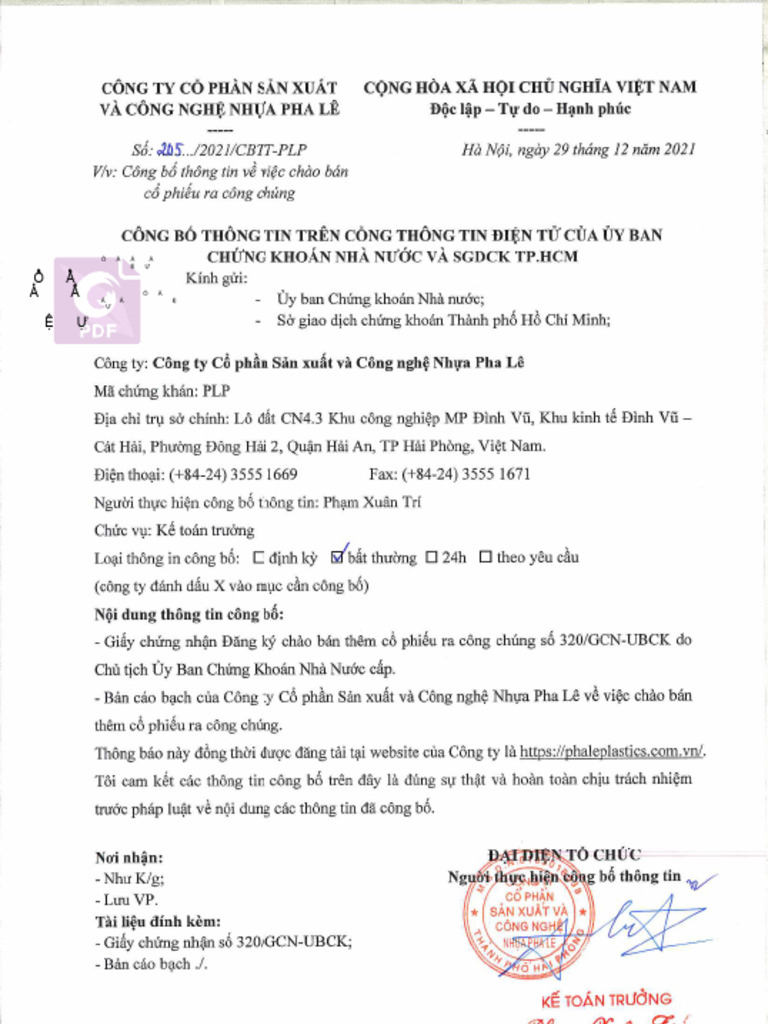 PLP - Cong Bo Thong Tin Ve Viec Chao Ban Co Phieu Ra Cong Chung | PDF
