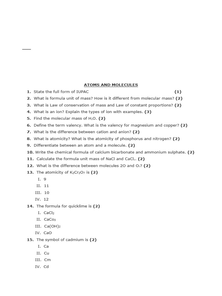 Atoms and Molecules Test Instructions | PDF | Molecules | Ion