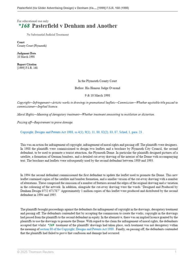 Pasterfield v Denham: Copyright Case Summary | PDF | Copyright