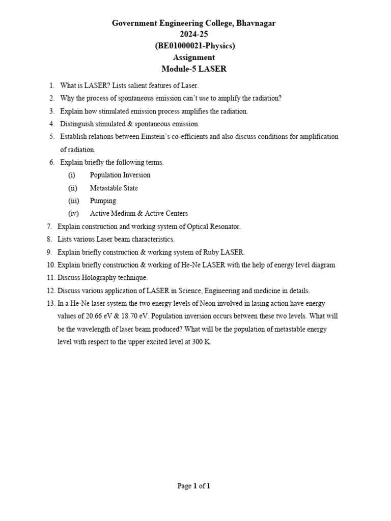 LASER Concepts and Applications Assignment | PDF