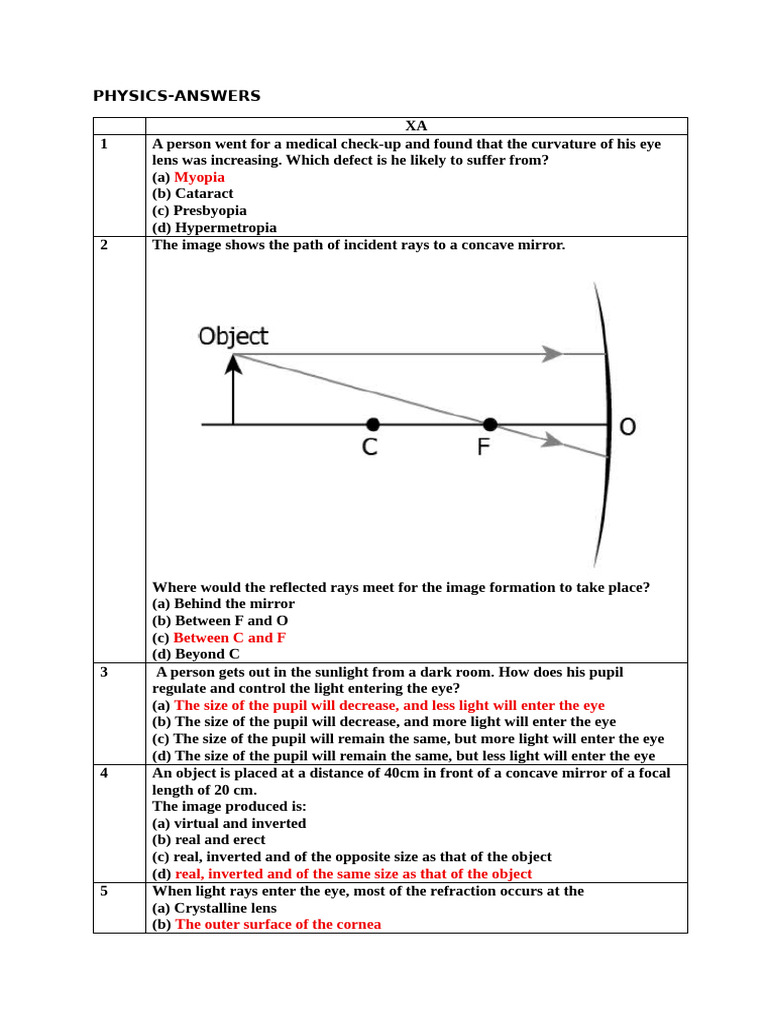 Physics Quiz X Aug.25 Answers | PDF | Light | Eye