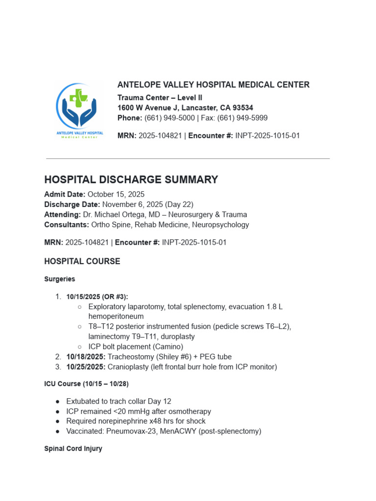 Antelope Valley Hospital - Discharge Summary | PDF | Neurosurgery | Clinical Medicine