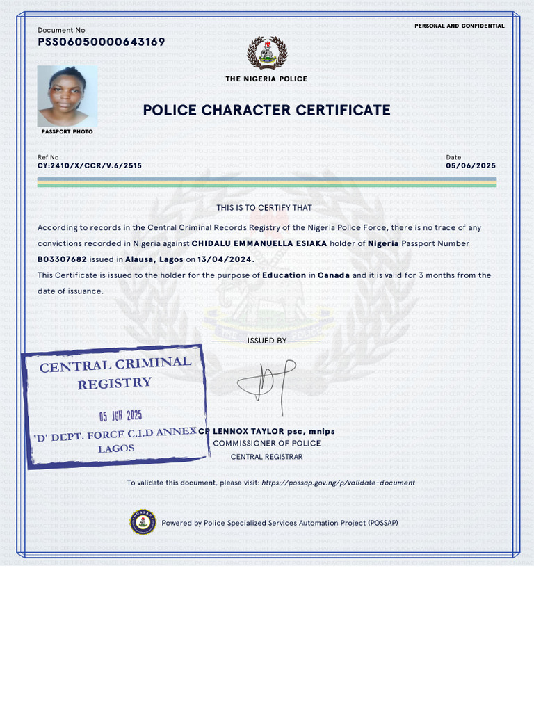 Nigeria Police Character Certificate | PDF