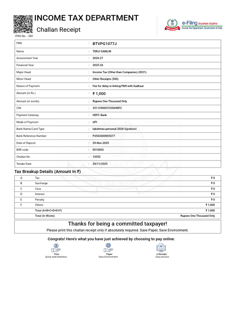 Income Tax Challan Receipt for PAN-Aadhaar Link | PDF | Payments | Taxation