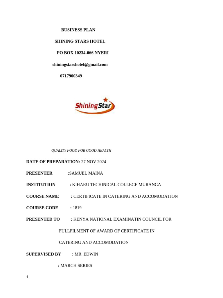 Samuel Maina Bs Plan | PDF | Hotel | Meal