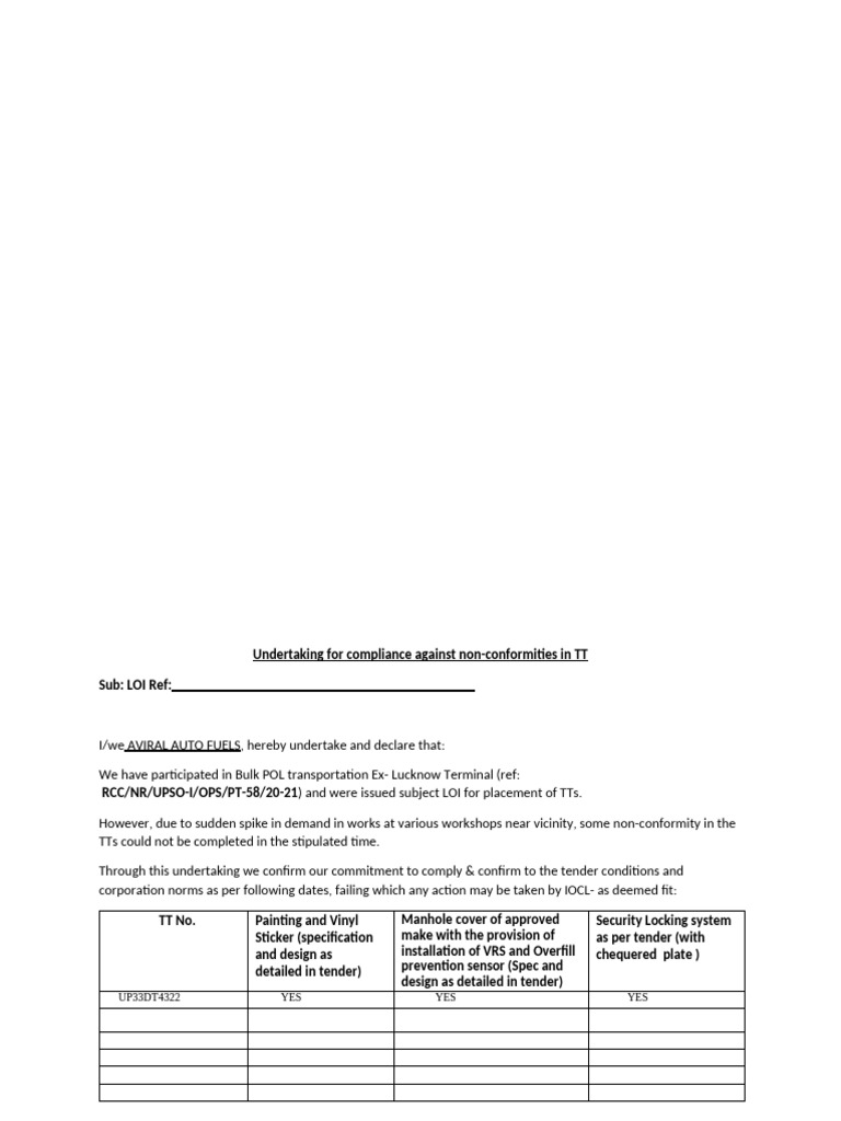 Compliance Undertaking for TT Non-Conformities | PDF