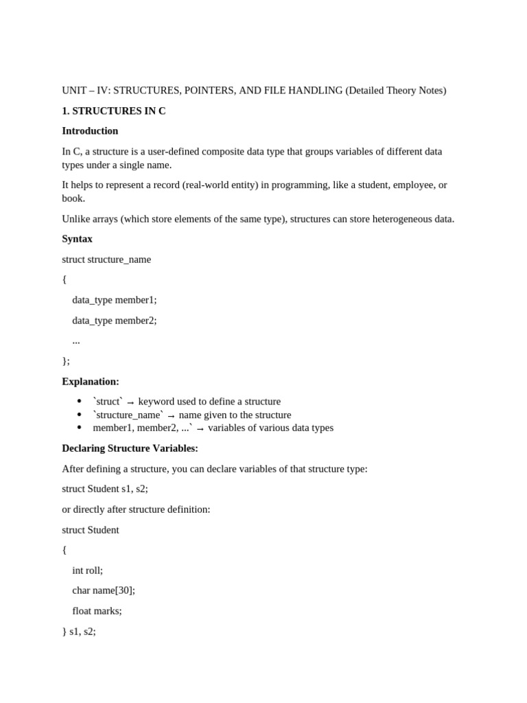 Unit - 4 Structure (PPS IT 1st Sem) | PDF | Pointer (Computer Programming) | Computer File