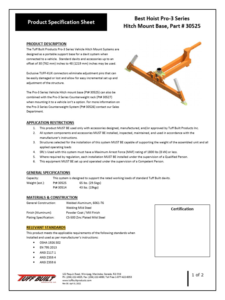 Spec Sheet Best Hoist Pro-3 Hitch Mount 30525 Rev00 | PDF | Mechanical ...