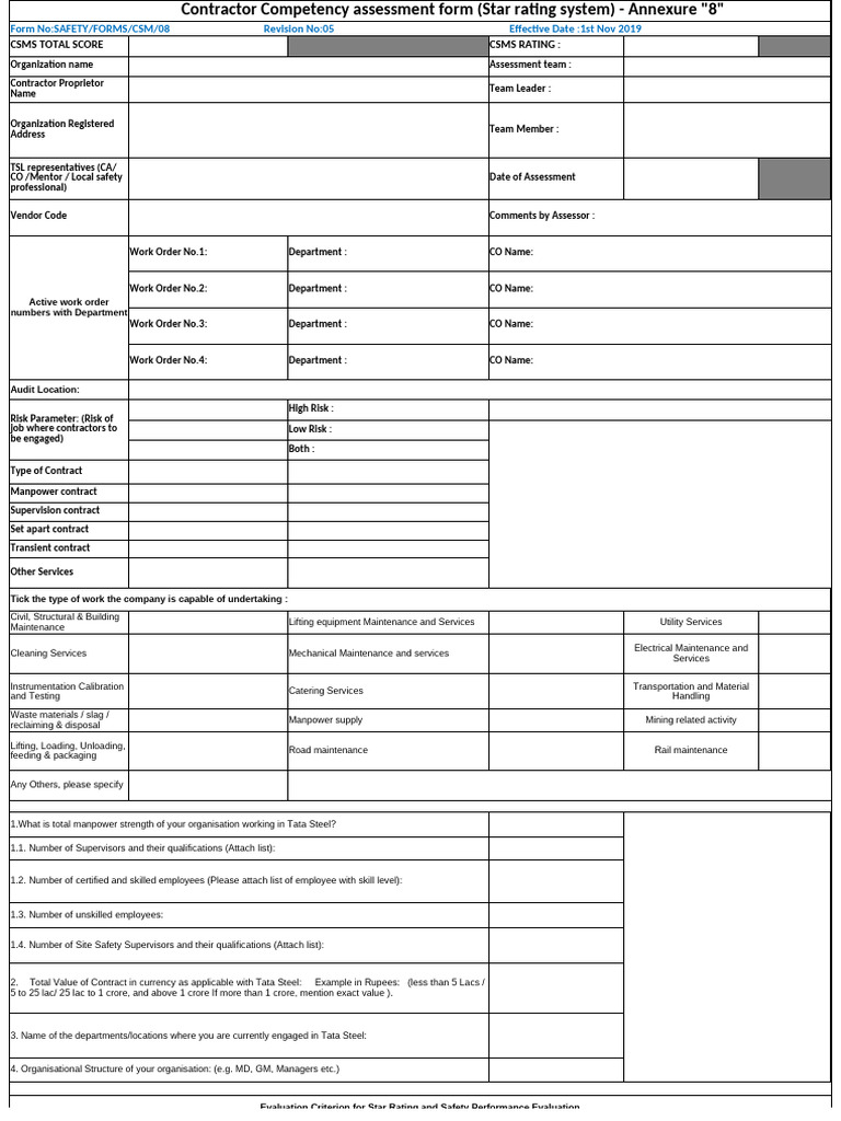 CSMS Contractor Safety Assessment Form | PDF | Personal Protective ...
