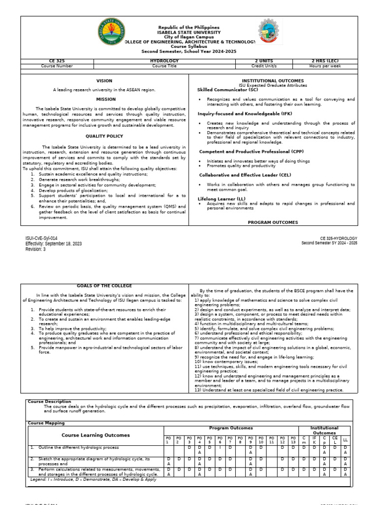 CE 325 Hydrology Course Syllabus 2024-2025 | PDF | Engineering | Water ...