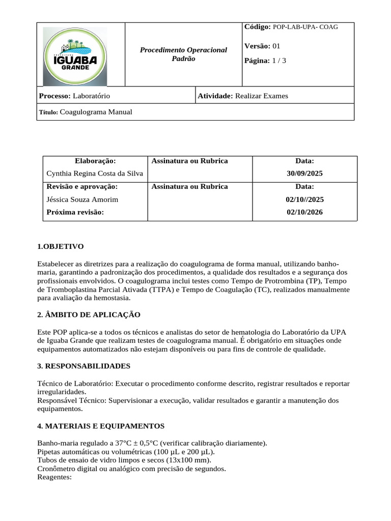 Coagulograma Manual: Procedimento Padrão | PDF | Patologia clínica ...