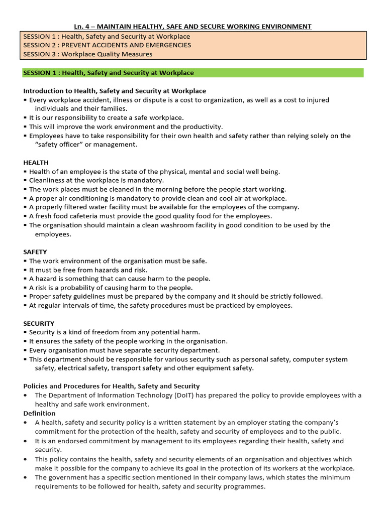 Ln. 4 - Maintain Healthy, Safe and Secure Working Environment | PDF ...