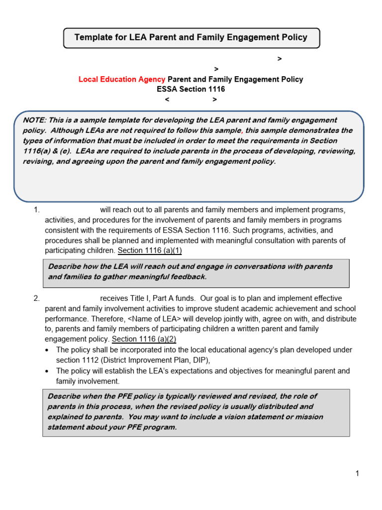 PFE LEA Policy Template FINAL VETTED | PDF | Elementary And Secondary ...