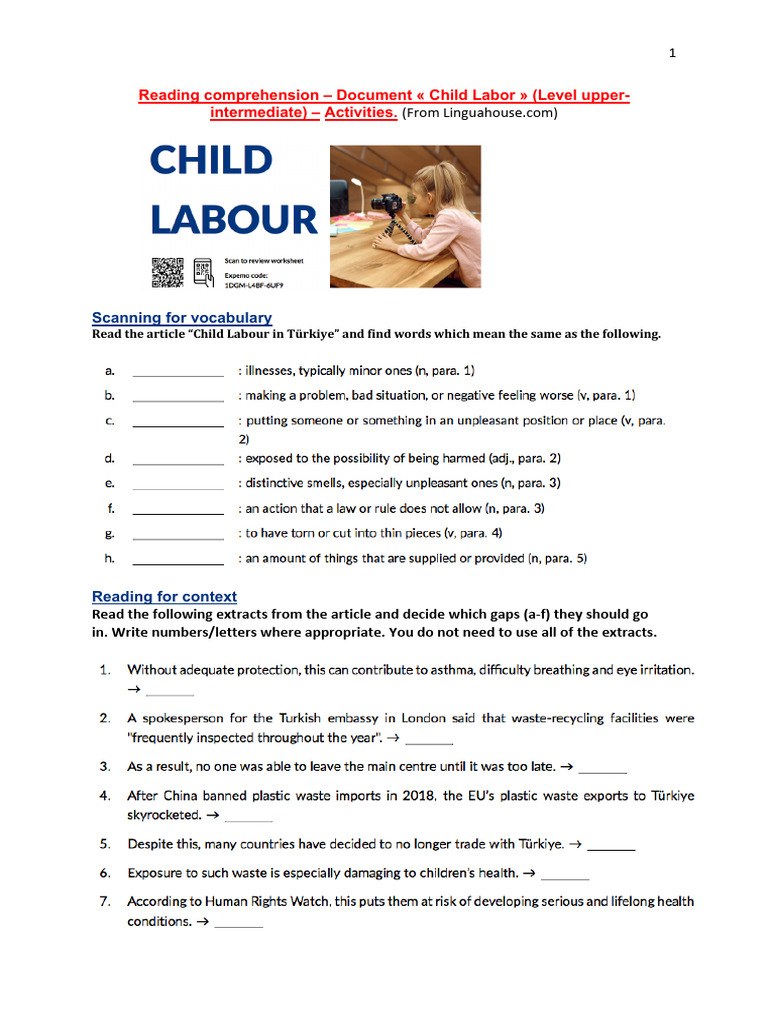Reading Comprehension Activities - Child Labor - (Week 4) | PDF