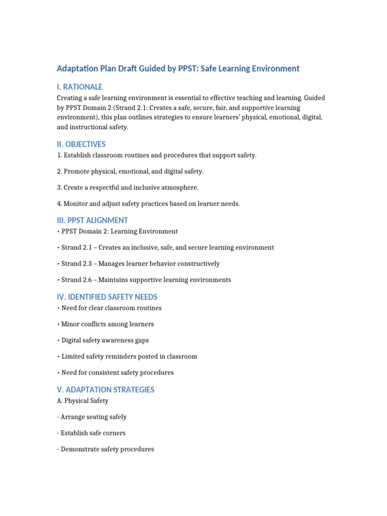 Safe Learning Environment Adaptation Plan | PDF | Learning | Classroom