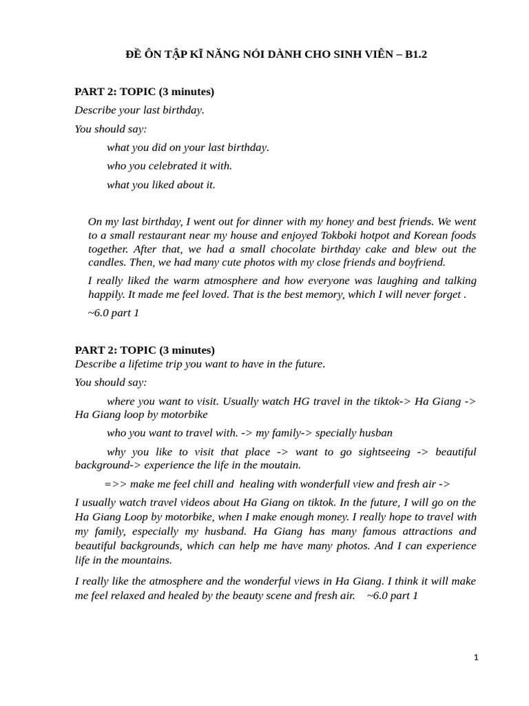 B1.2 Speaking Practice Topics Guide | PDF