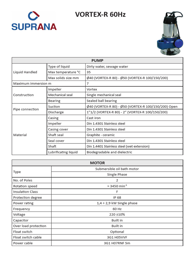 DATASHEET VORTEX-R SUPRANA_241216_132926 | PDF | Pump | Electrical ...