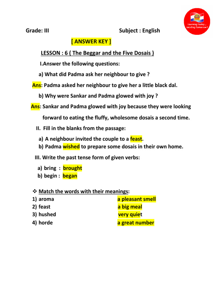 Grade 3 English Lesson 6 Answer Key | PDF