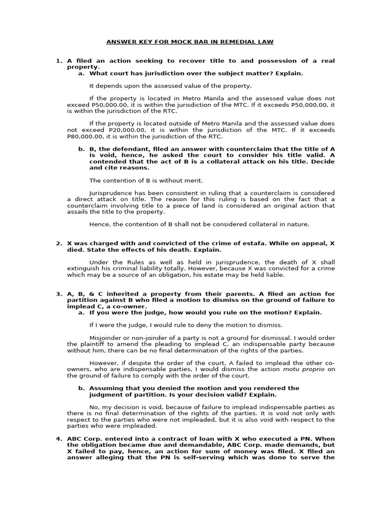 Mock Bar Remedial Law Answer Key | PDF | Appeal | Lawsuit