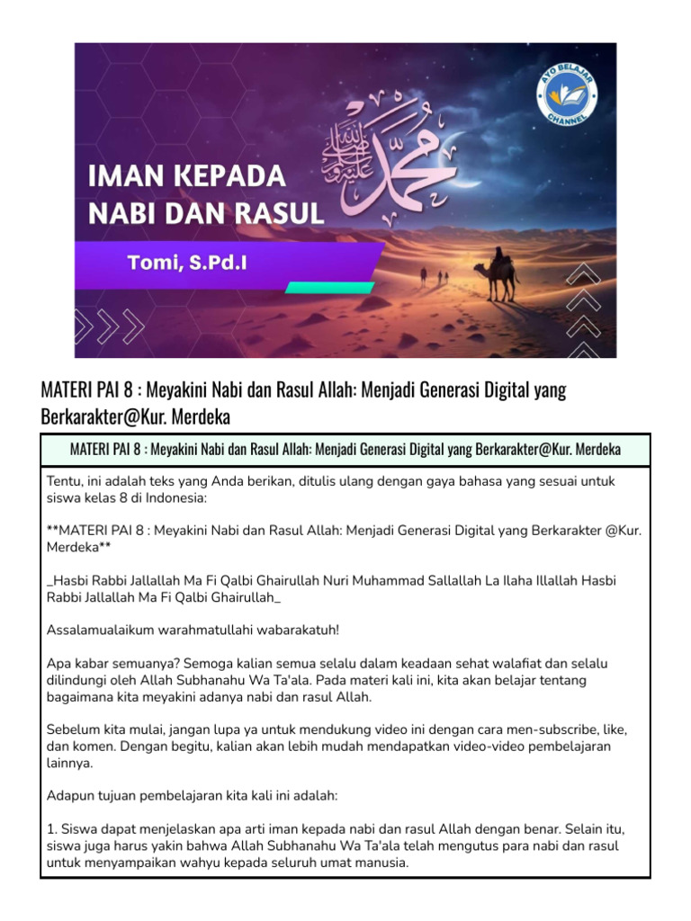 MATERI PAI 8 - Meyakini Nabi Dan Rasul Allah- Menjadi Generasi Digital Yang Berkarakter@Kur ...