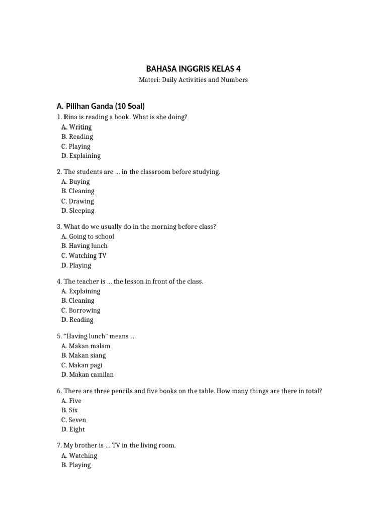Soal Bahasa Inggris Kelas4 DailyActivities Numbers | PDF
