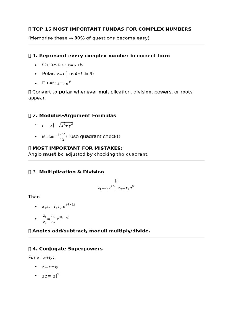 Essential Complex Number Formulas | PDF | Complex Number | Equations