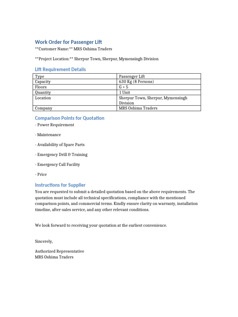 Work Order Passenger Lift | PDF