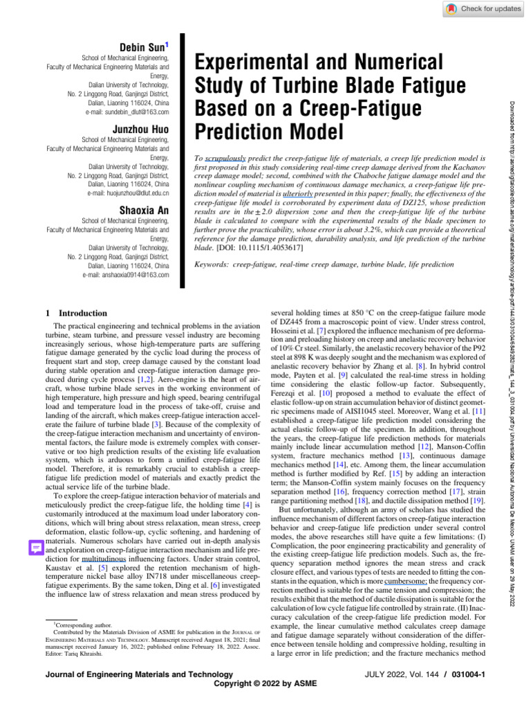 Experimental and Numerical Study of Turbine Blade Fatigue Based on a ...
