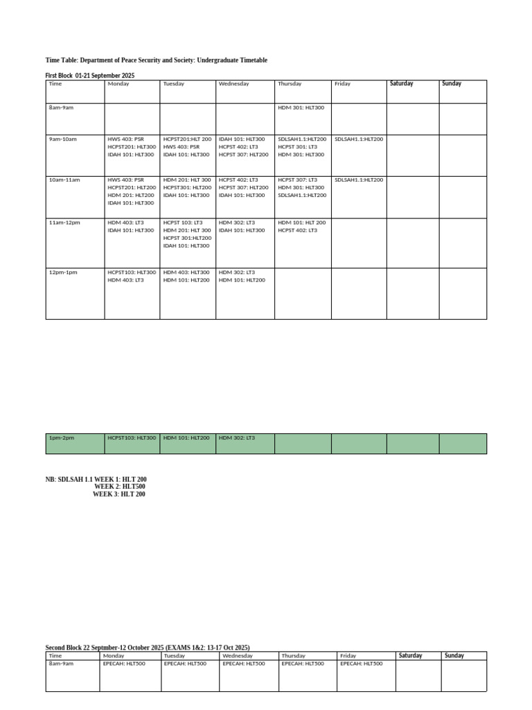 Undergraduate Peace Security Timetable | PDF