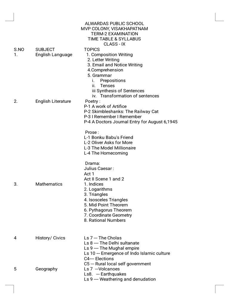 Grade 9 Syllabus and Timetable 13-10-2025 (1) - 2 | PDF